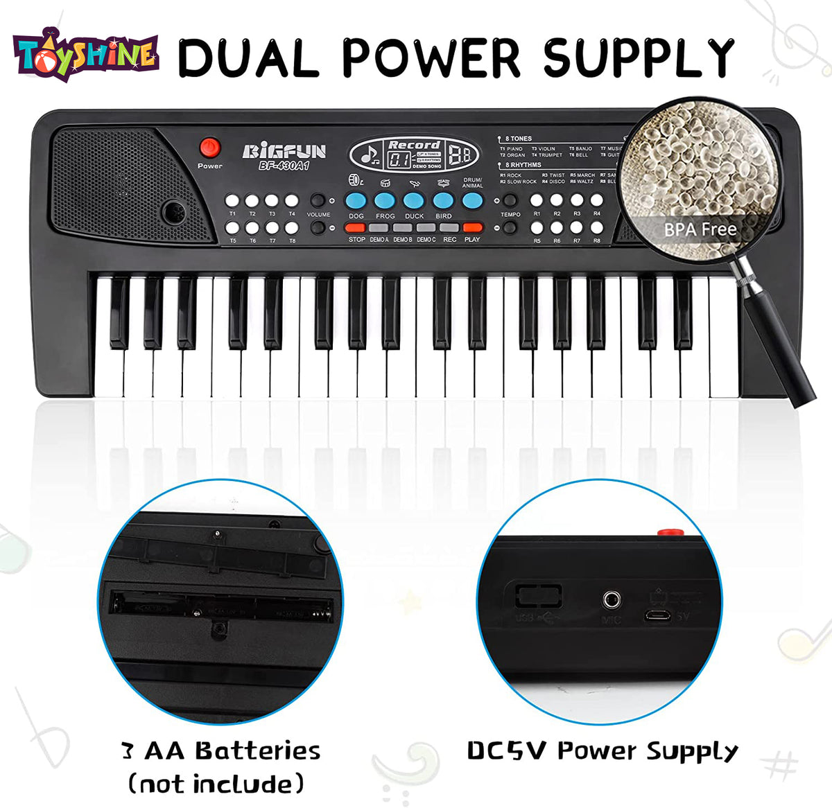Toyshine 37 Key Piano Keyboard Toy for Kids DC Power Option + Recordin