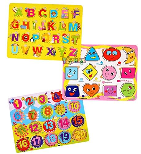 Toyshine 3 in 1 Wooden Picto-Puzzle ABC, 123 (1-20) and Shapes Puzzle